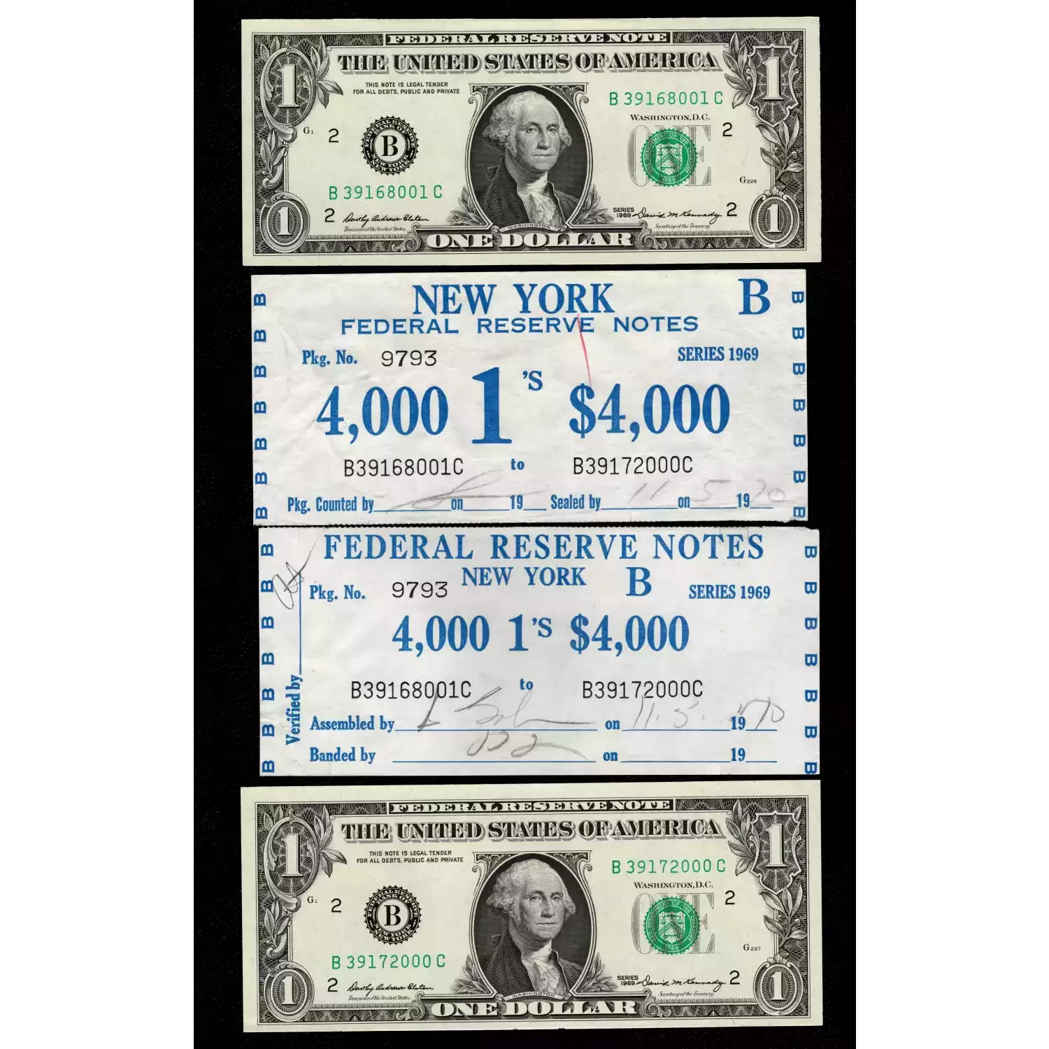 $1 1969 BEP Currency Label Set : First + Last Note with BEP Brick Label ...