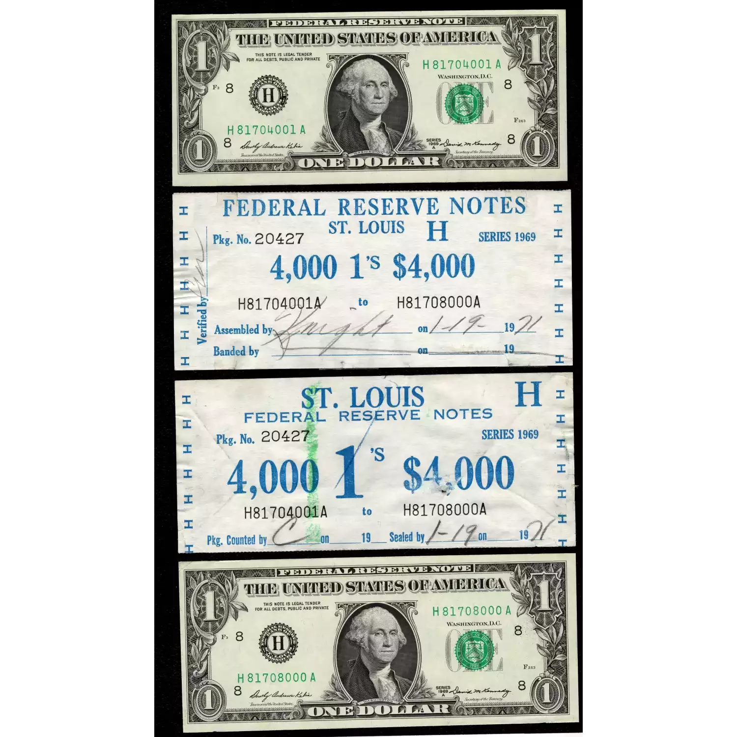 $1 1969 BEP Currency Label Set : First + Last Note with BEP Brick Label ...