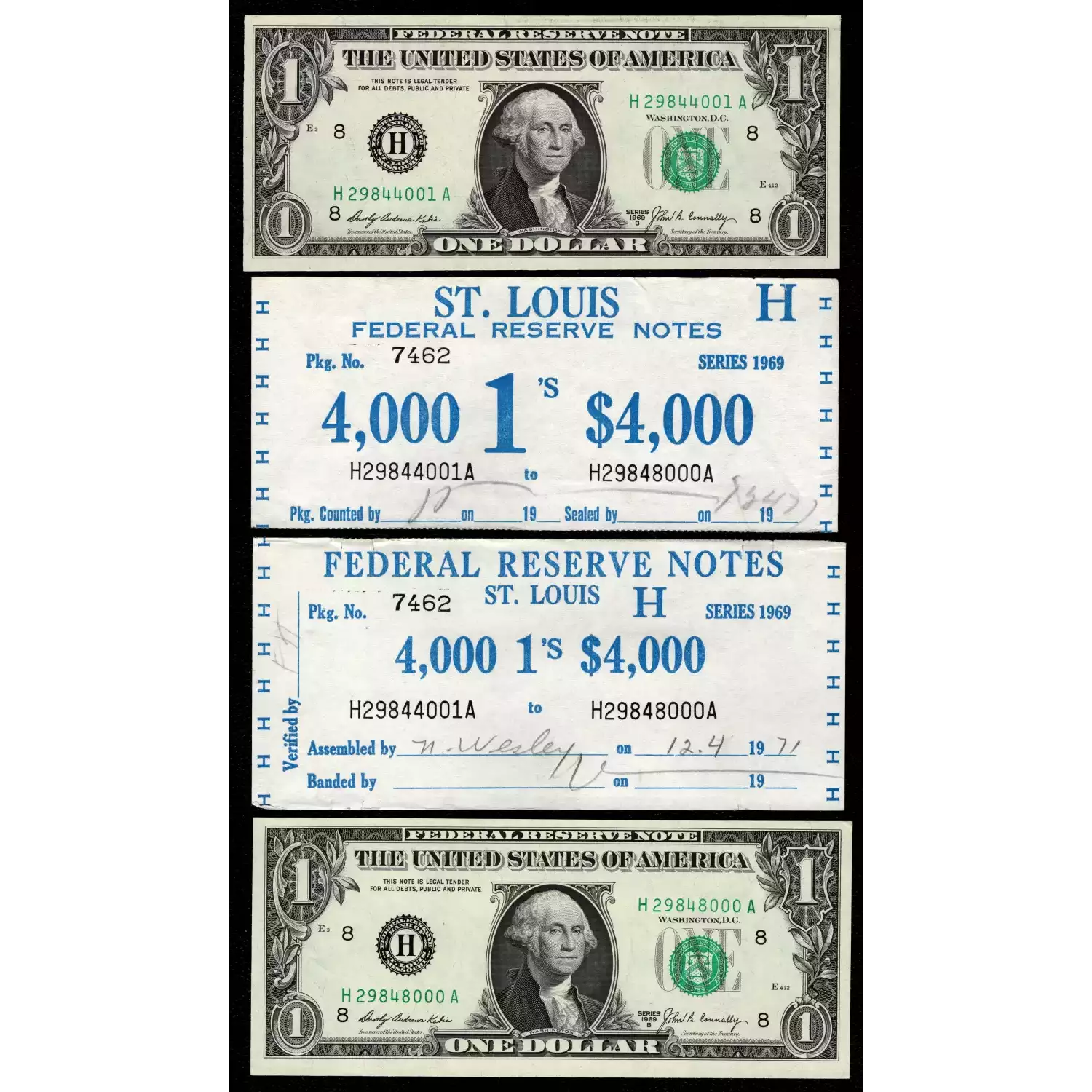 $1 1969 BEP Currency Label Set : First + Last Note with BEP Brick Label ...