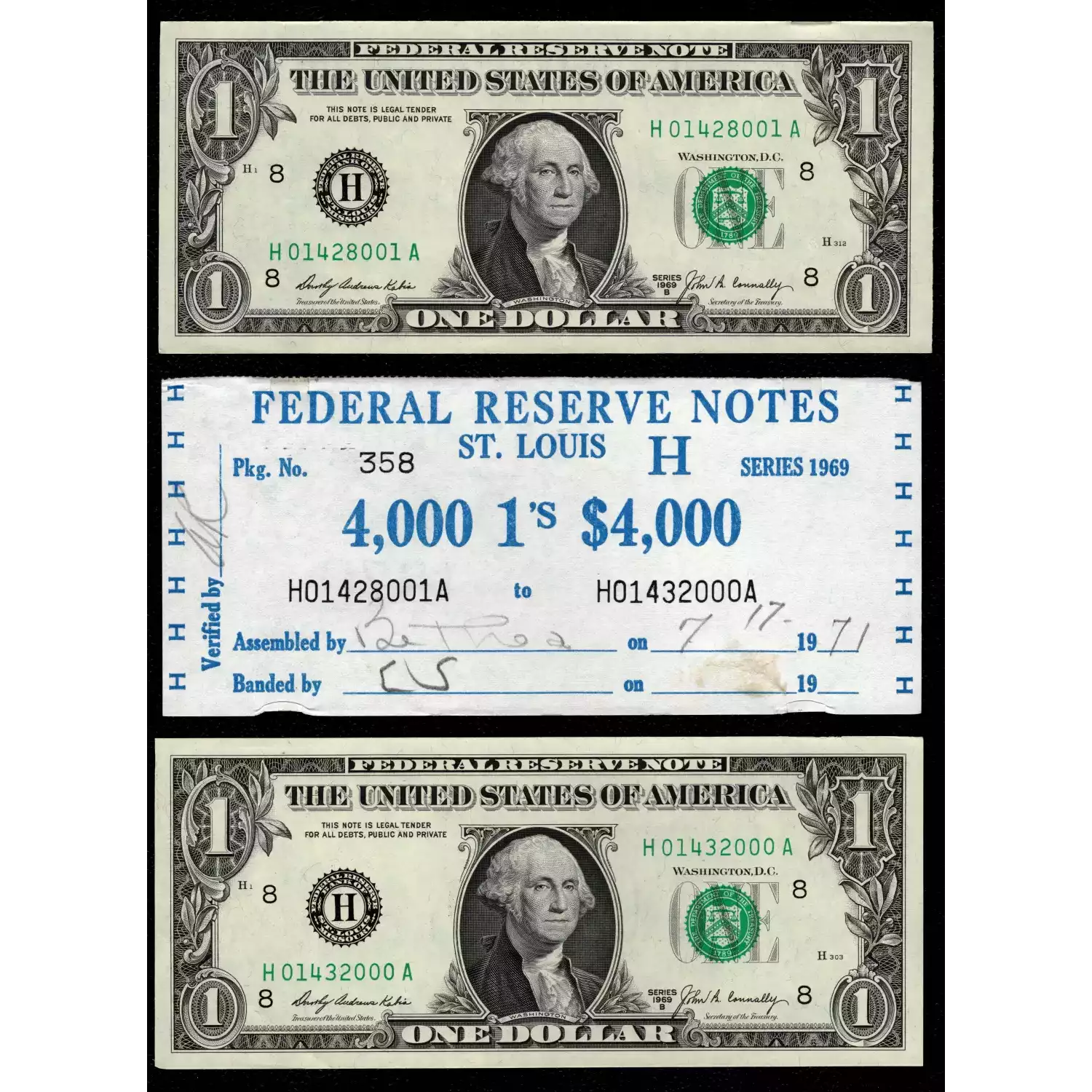 $1 1969 BEP Currency Label Set : First + Last Note with BEP Brick Label ...