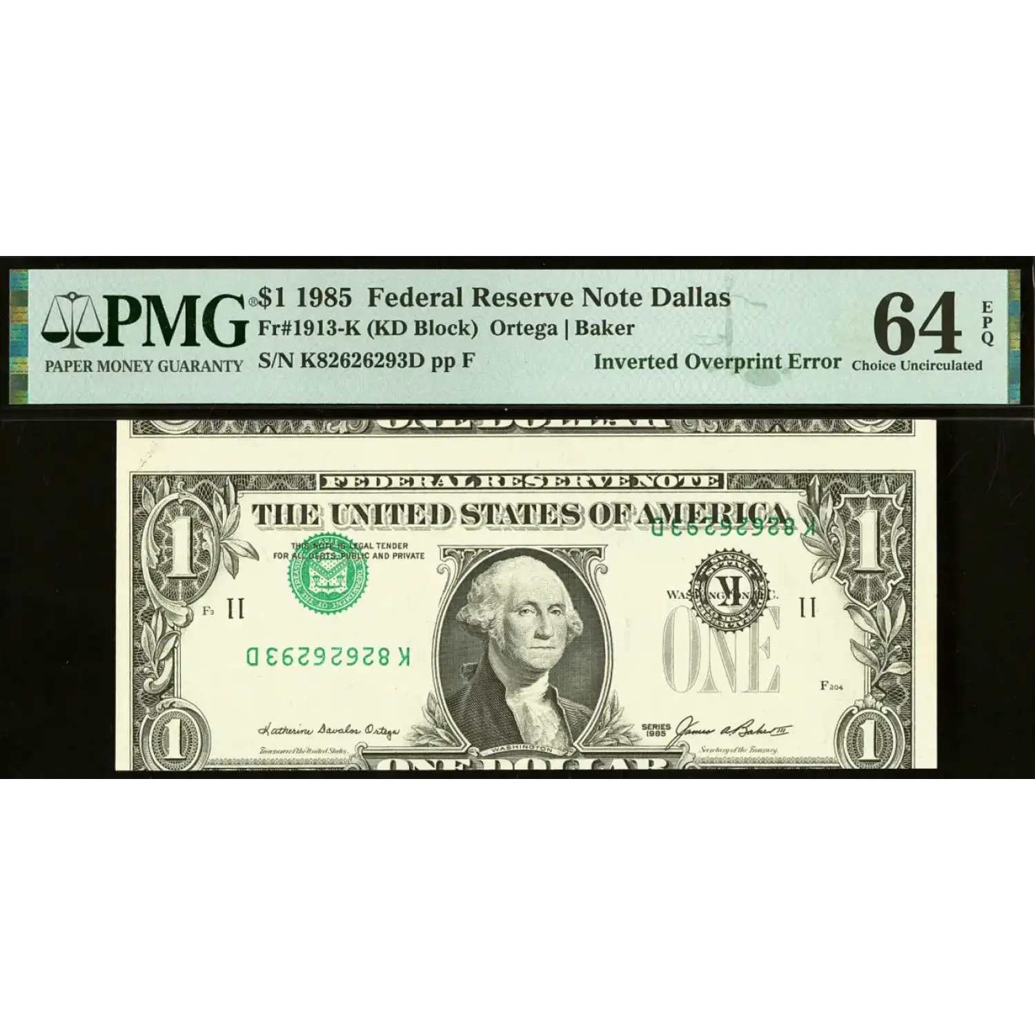 $1 1985 Green seal. Small Size $1 Federal Reserve Notes Dallas 1913-K ...