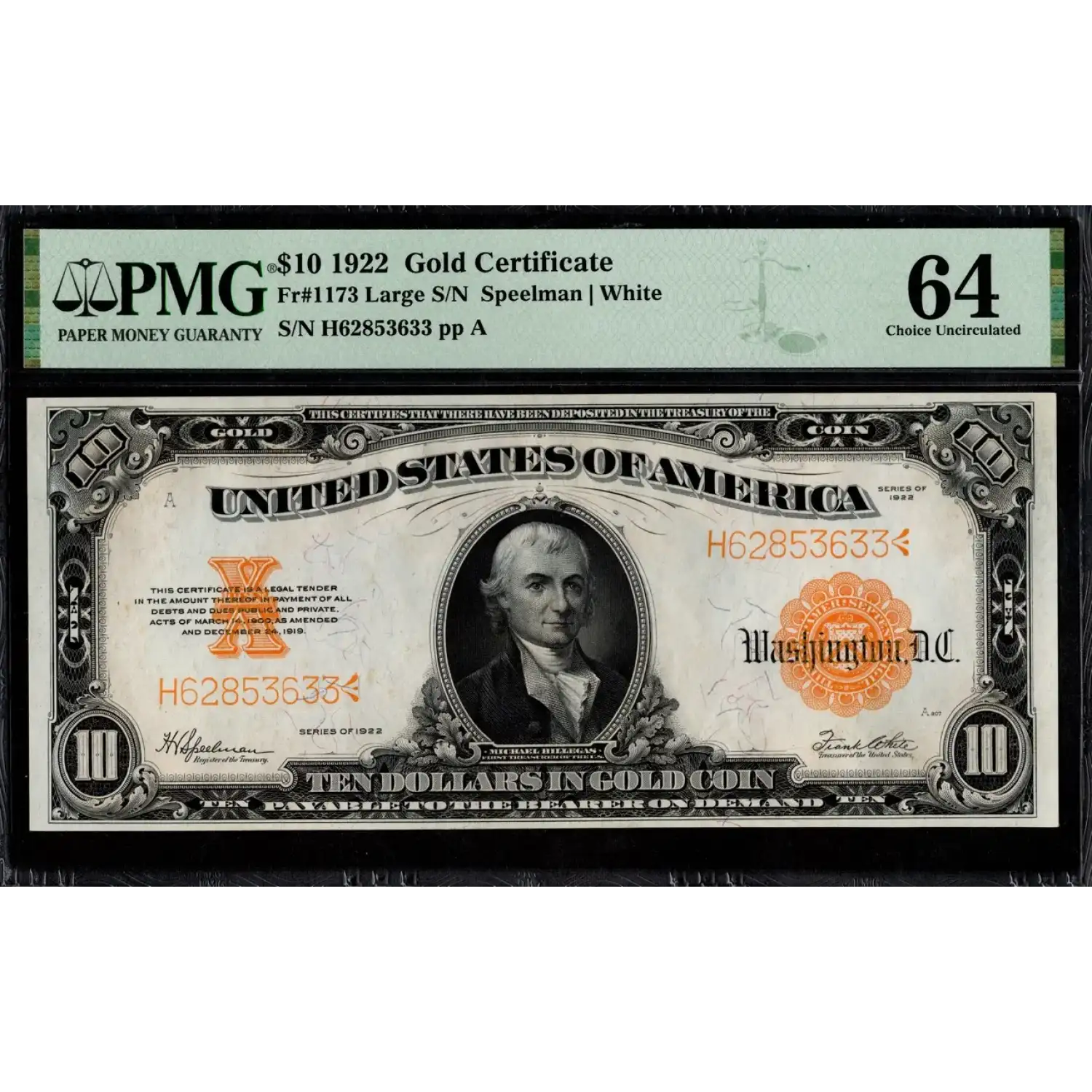 $10 1922 Gold Gold Certificates 1173 - Executive Currency