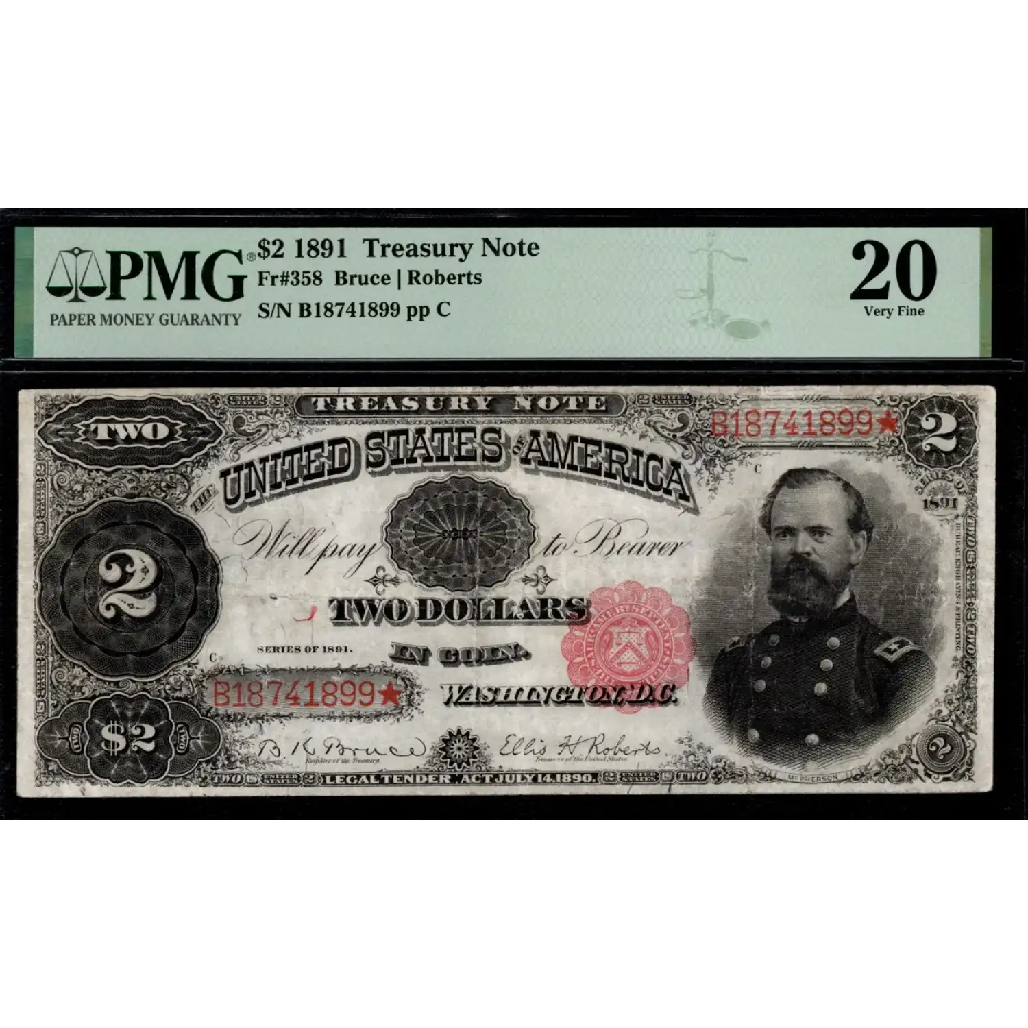 $2 1891 Small Red Treasury or Coin Notes 358 - Executive Currency