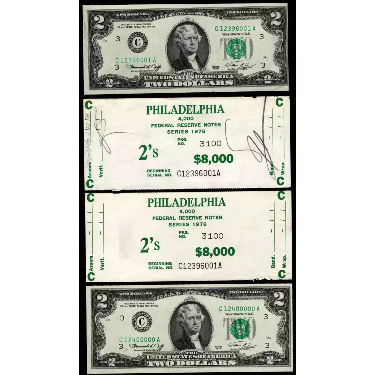 $2 1976 BEP Currency Label Set : First + Last Note with BEP Brick Label ...