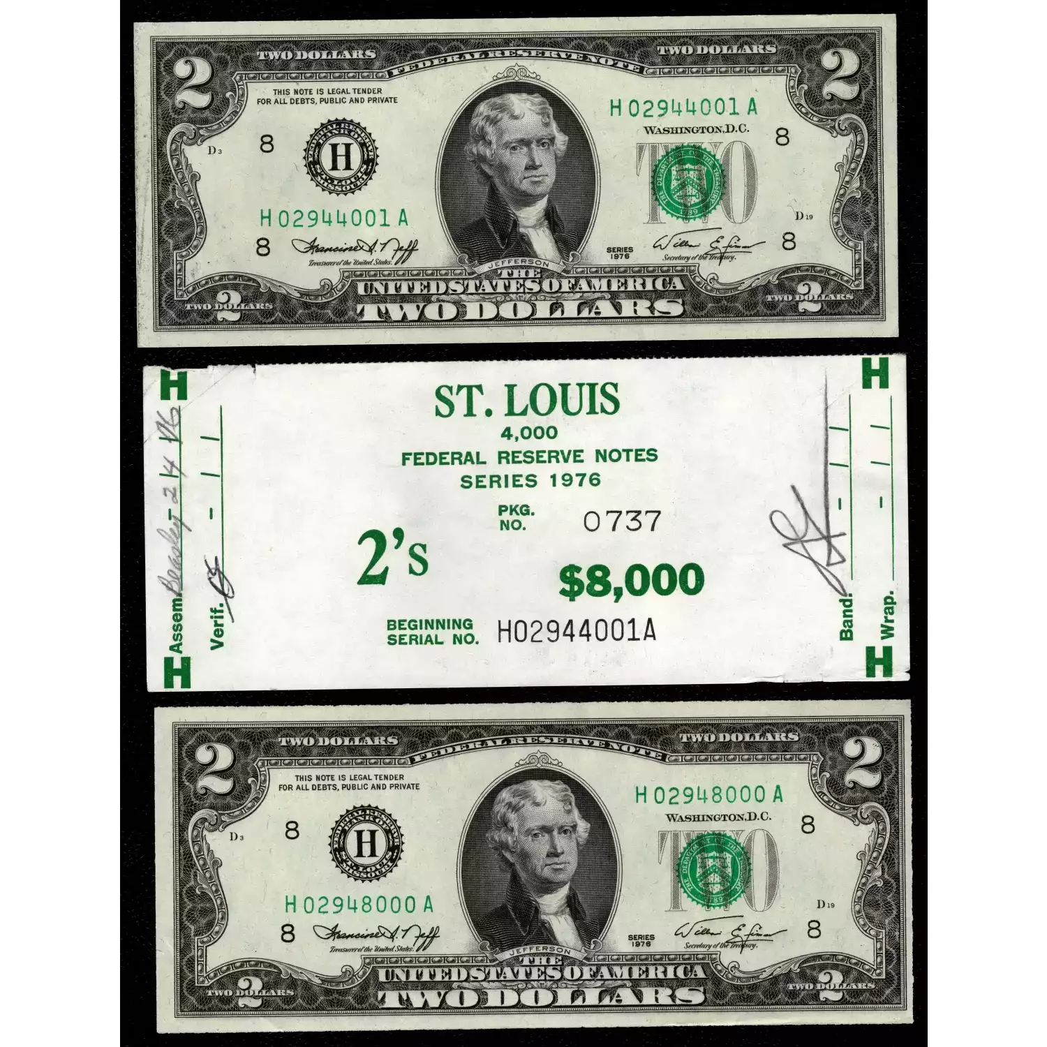 $2 1976 BEP Currency Label Set : First + Last Note with BEP Brick Label ...