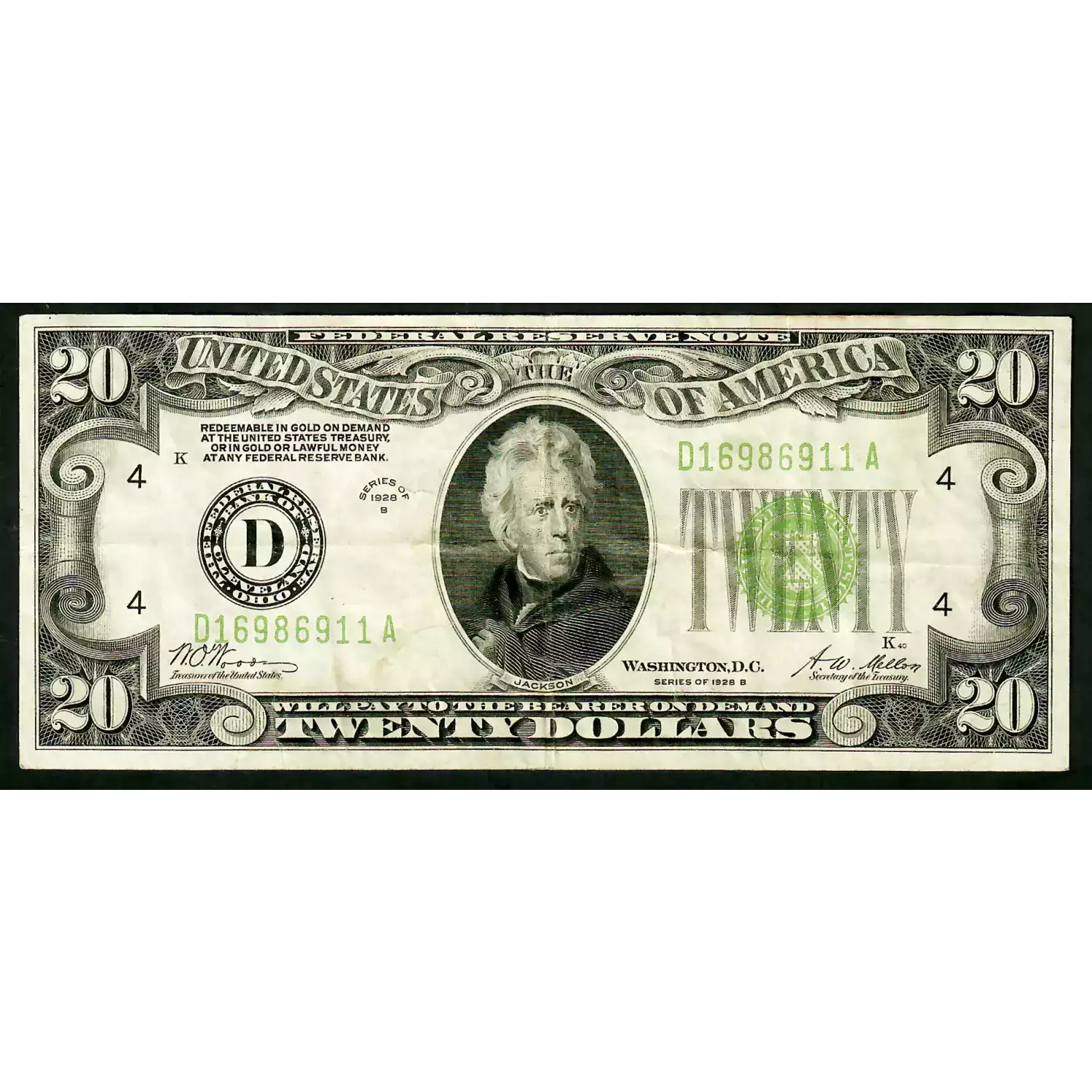 $20 1928-B. Green seal. Small Size $20 Federal Reserve Notes 2052-D ...