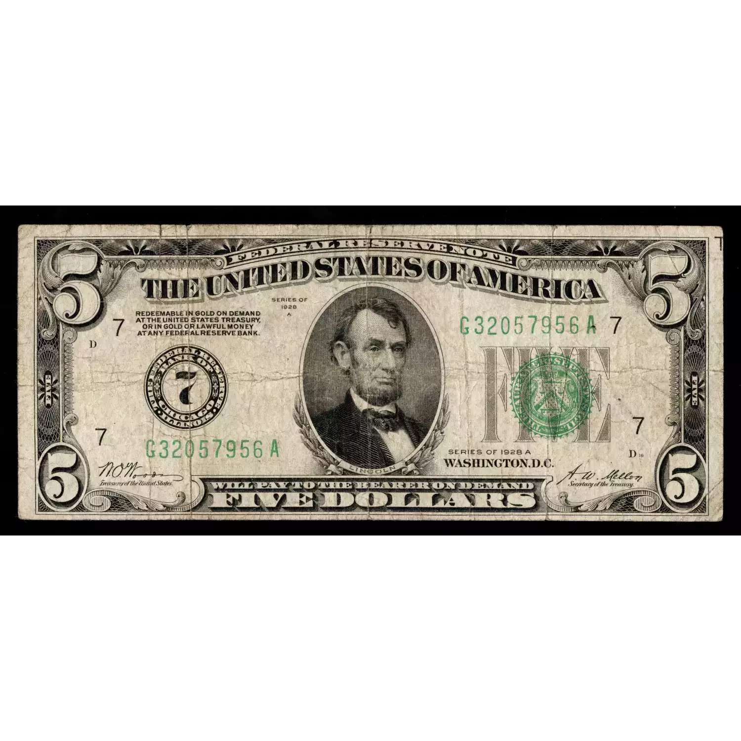 $5 1928-A. Green seal Small Size $5 Federal Reserve Notes 1951-G ...