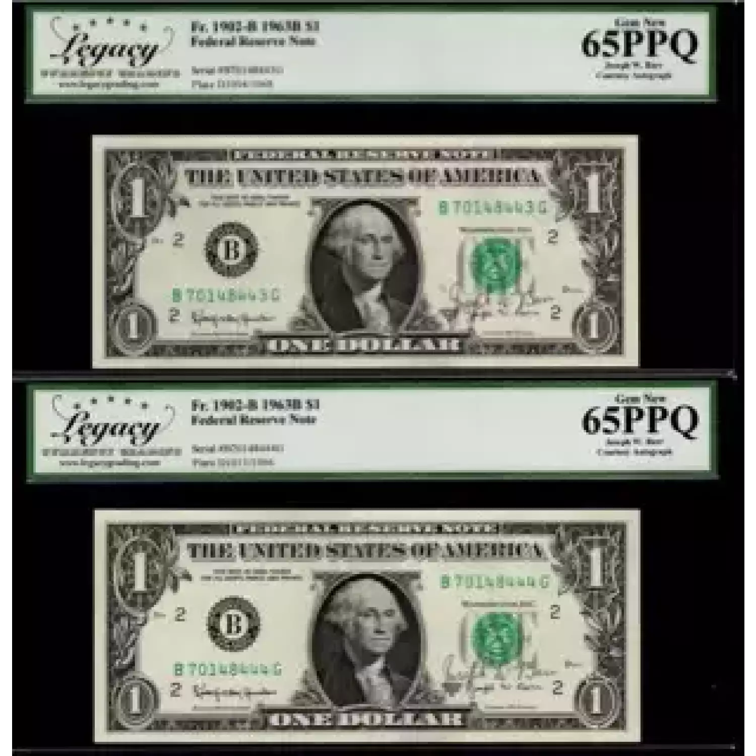 CONSEC PAIR: $1 1963-B FRN JOSEPH W. BARR AUTOGRAPHS Sequential LCGS ...